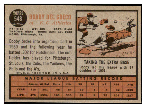 1962 Topps Baseball 548 Bobby Del Greco As Nr Mt 468275 Kit Young Cards