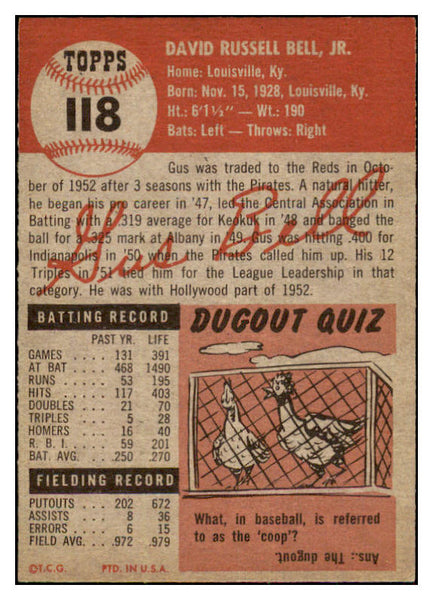 1953 Topps Baseball #118 Gus Bell Reds EX-MT 478887 | Kit Young Cards