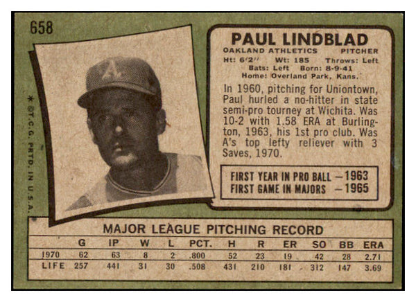 1971 Topps Baseball #658 Paul Lindblad A's NR-MT 504857 | Kit Young Cards